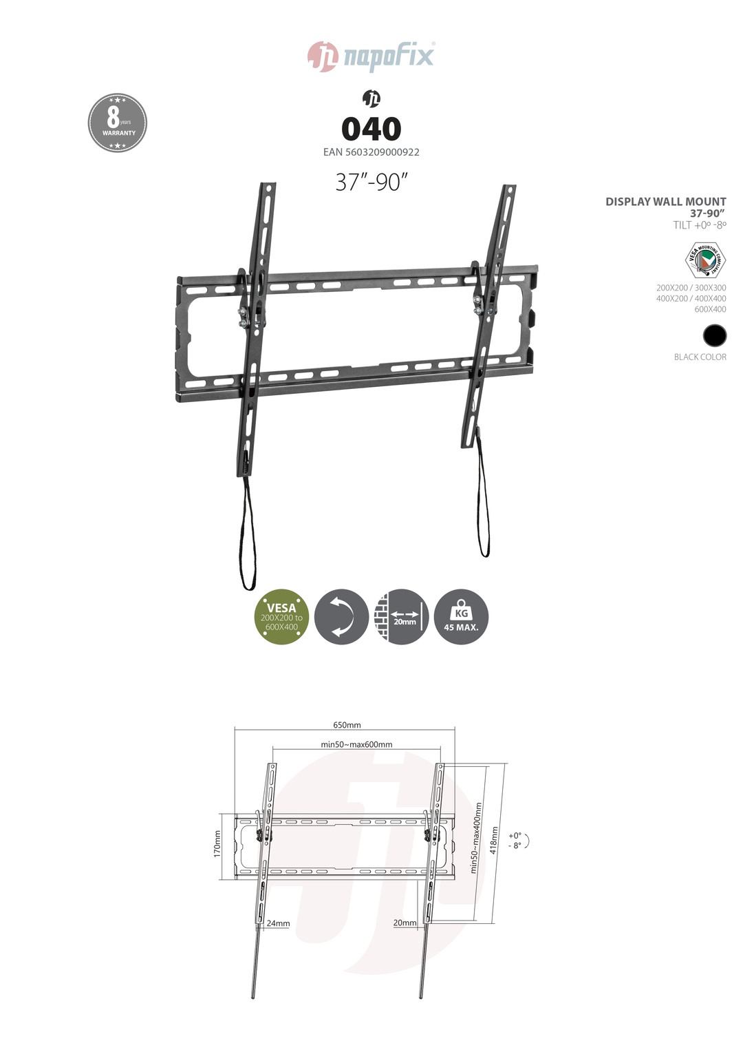Suporte de Parede NAPOFIX 37" a 90" Inclinável - 040 | CHIP7